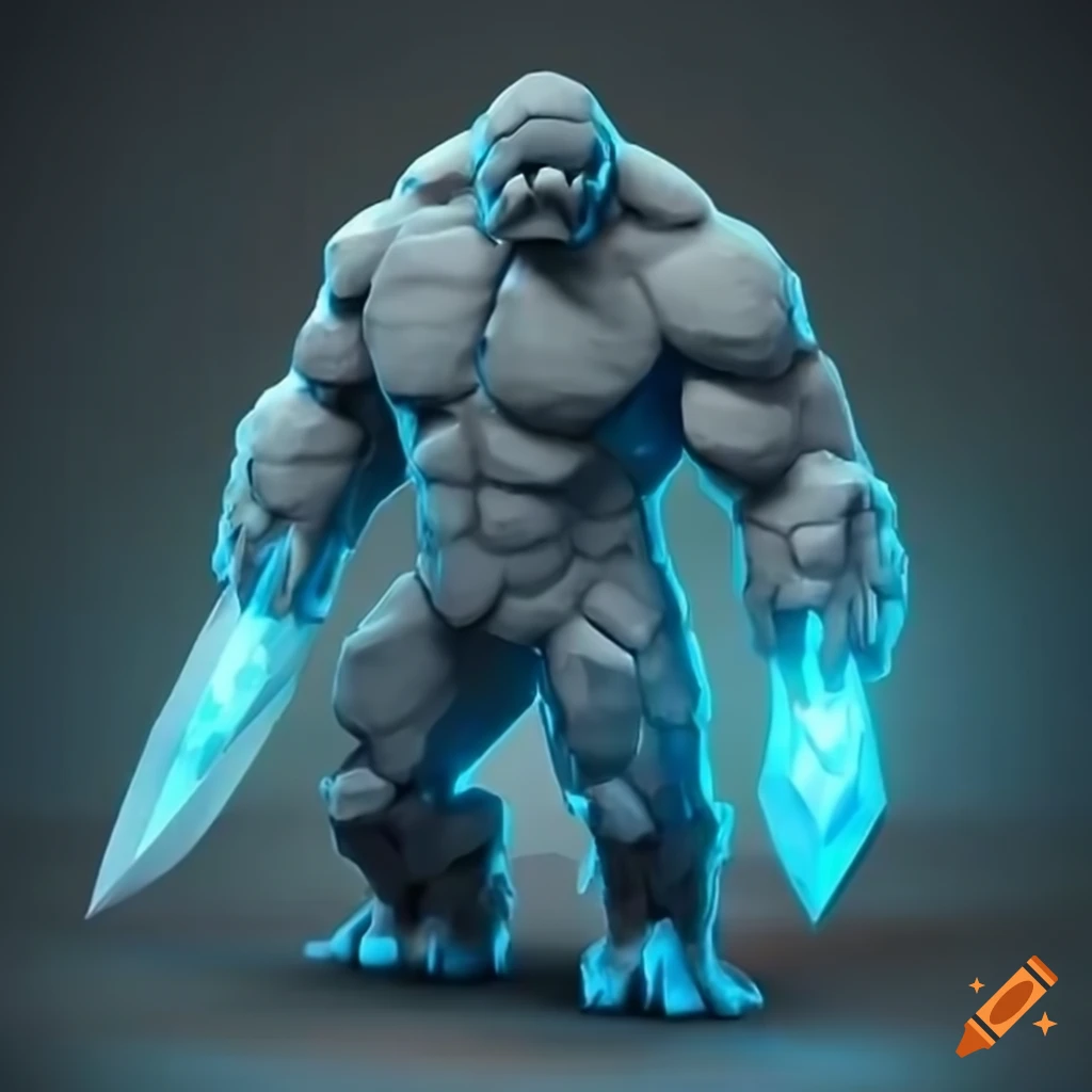 Stone golem with blue gem core and glowing sword on Craiyon