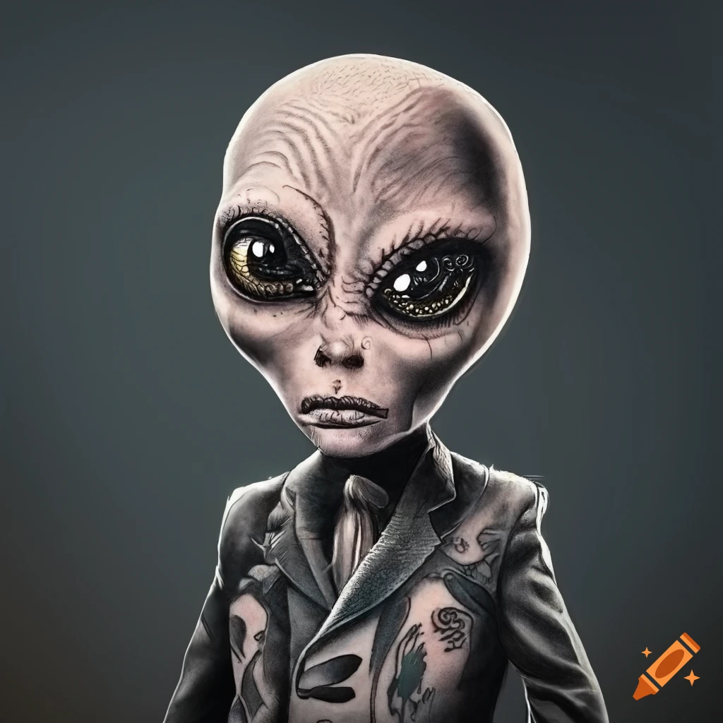 American traditional tattoo design of a grey alien in a black suit on ...