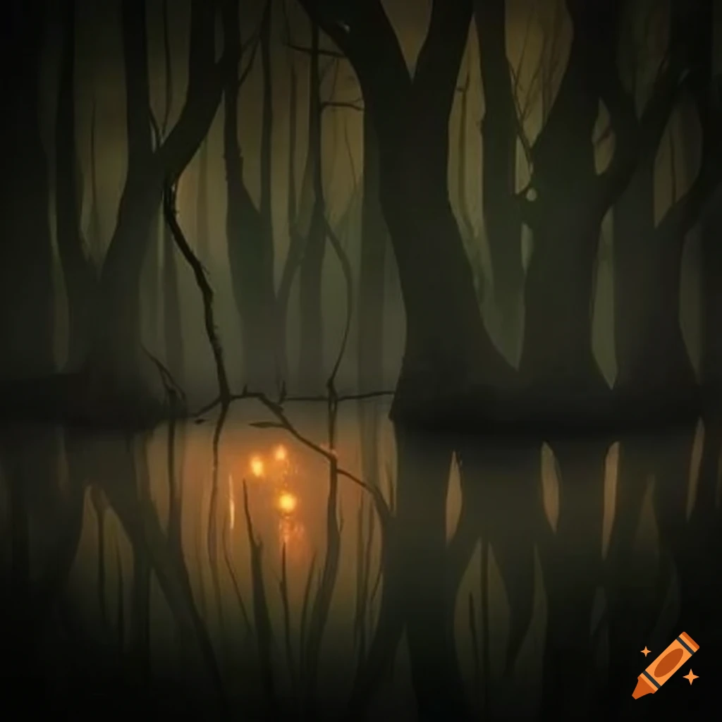 Dark illuminated swamp with small branches on Craiyon