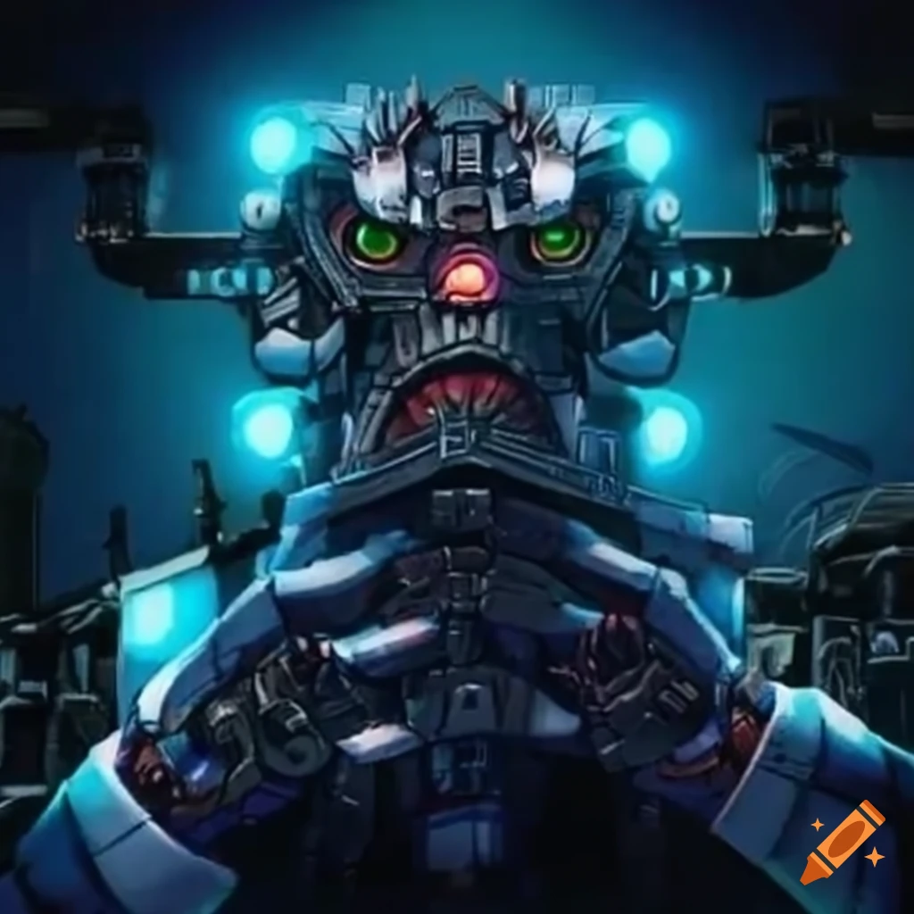 Epic wizard robot working on electrical transformer with thunderbolts ...