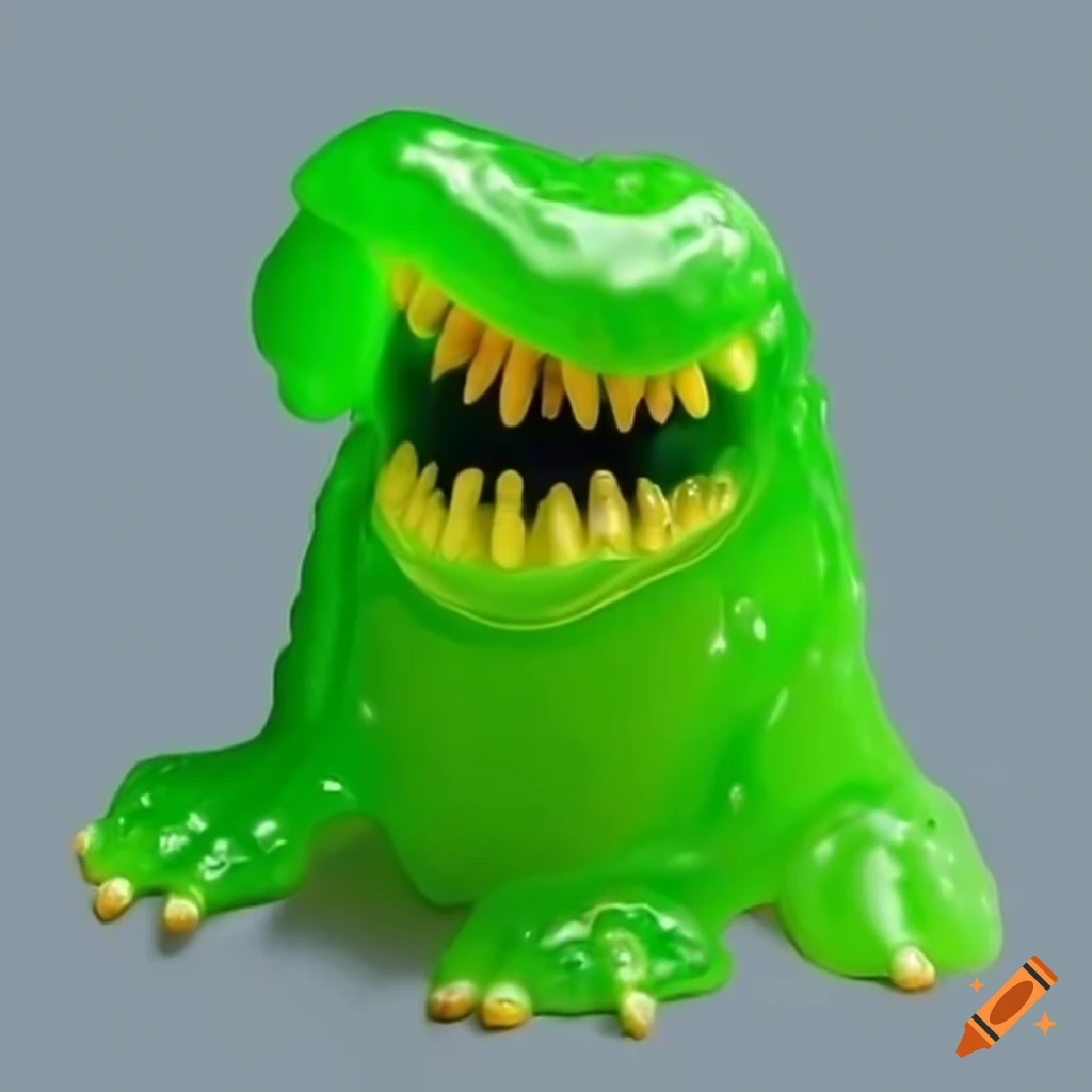 Monstrous green jelly creature with open mouth and sharp yellow teeth ...