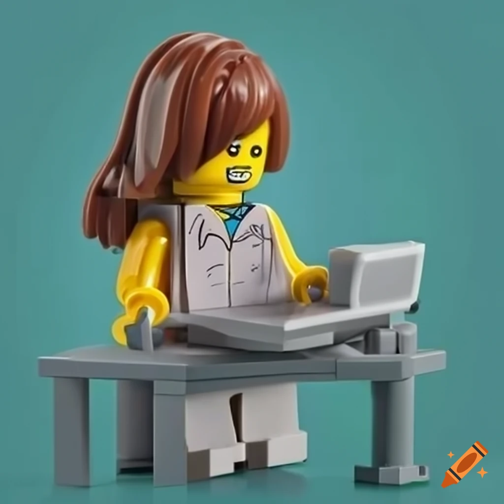 Female minifigure working at a computer in a lego office set on Craiyon
