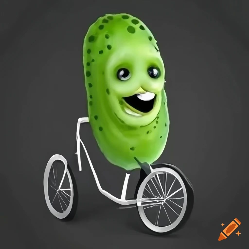 Green dill pickle riding a bicycle with a mischievous grin on Craiyon