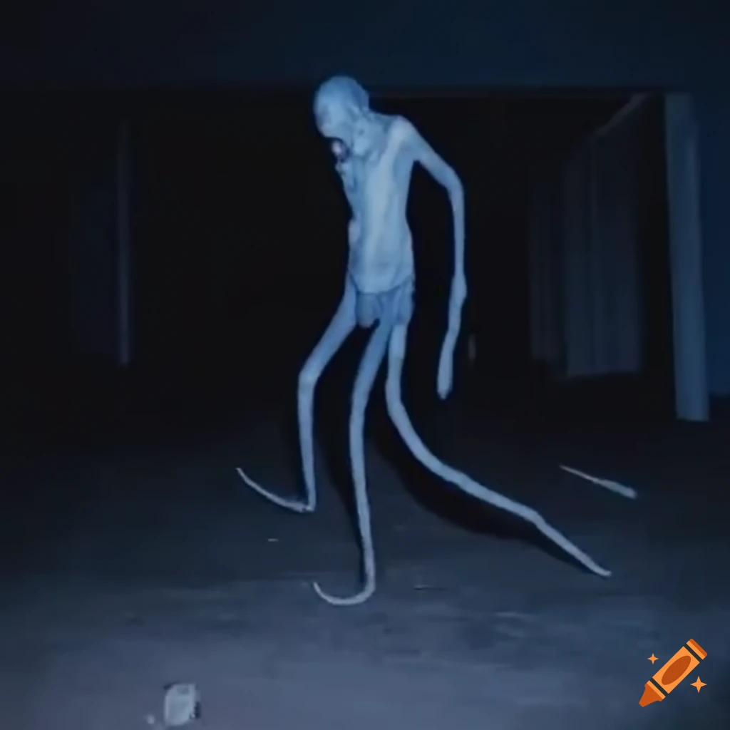 Eerie bizarre creature with long limbs in found footage style on Craiyon