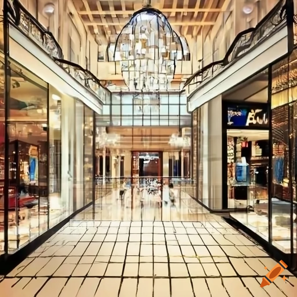 Interior of 5-story mall shop with crystal decorations on Craiyon