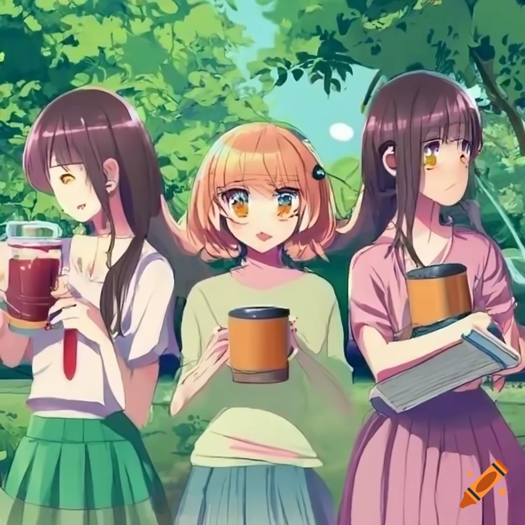 Cheerful anime girls enjoying bubble tea and studying with garden ...