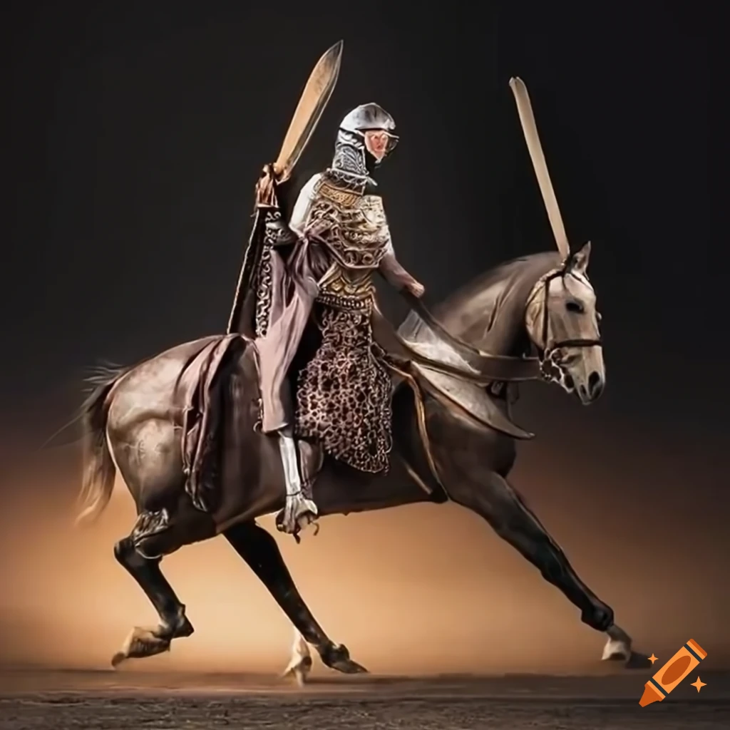 Arab knight riding horseback into battle with sword on Craiyon