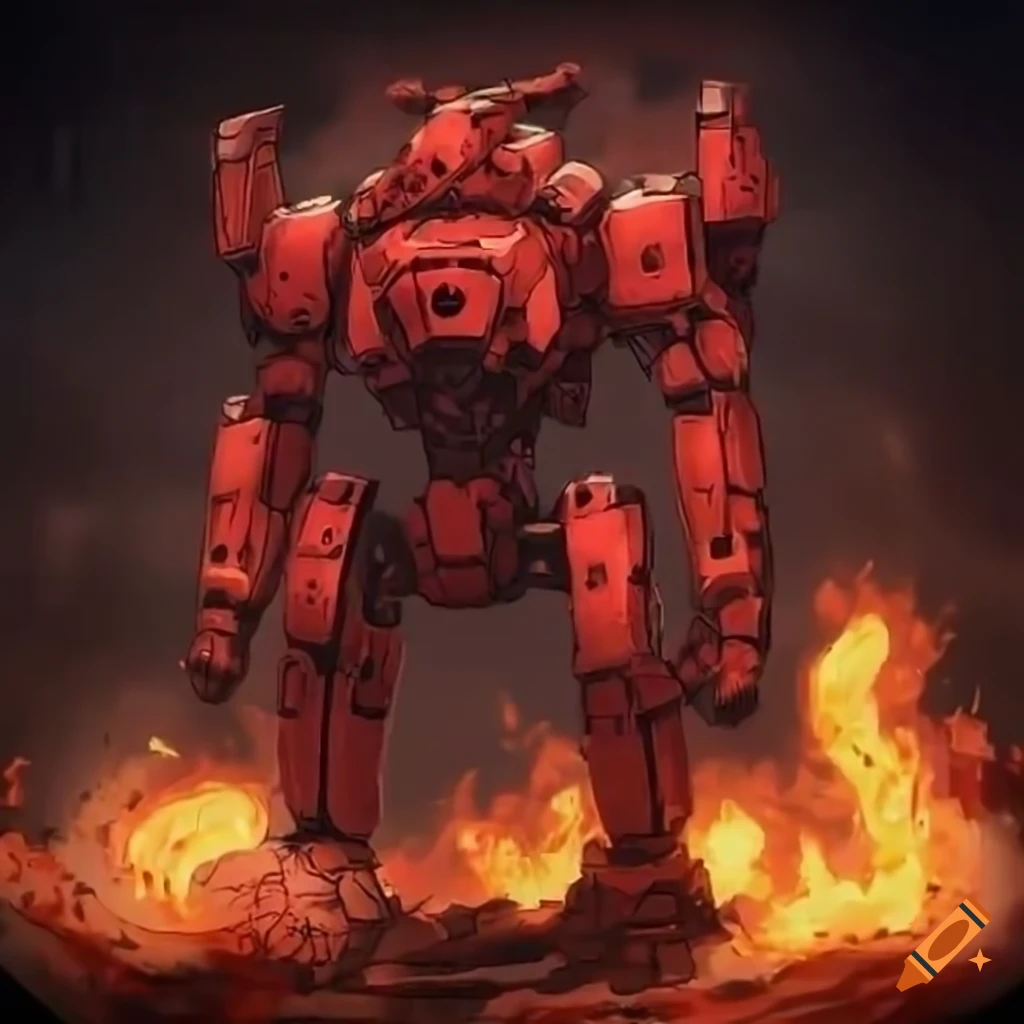 Red mech in city ruins with fire and monsters in an anime scene on Craiyon
