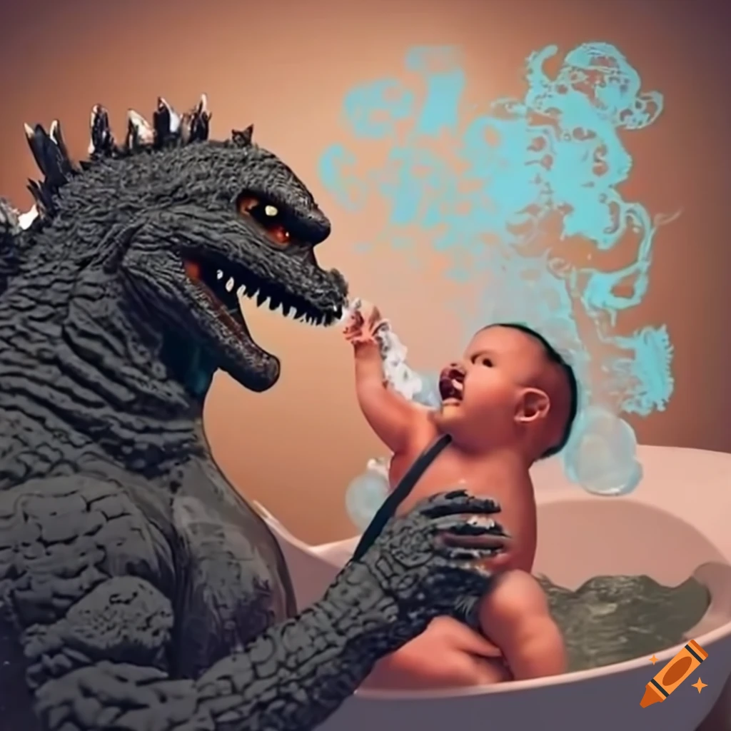 Happy young dad giving his infant son a bath when toho godzilla attacks ...