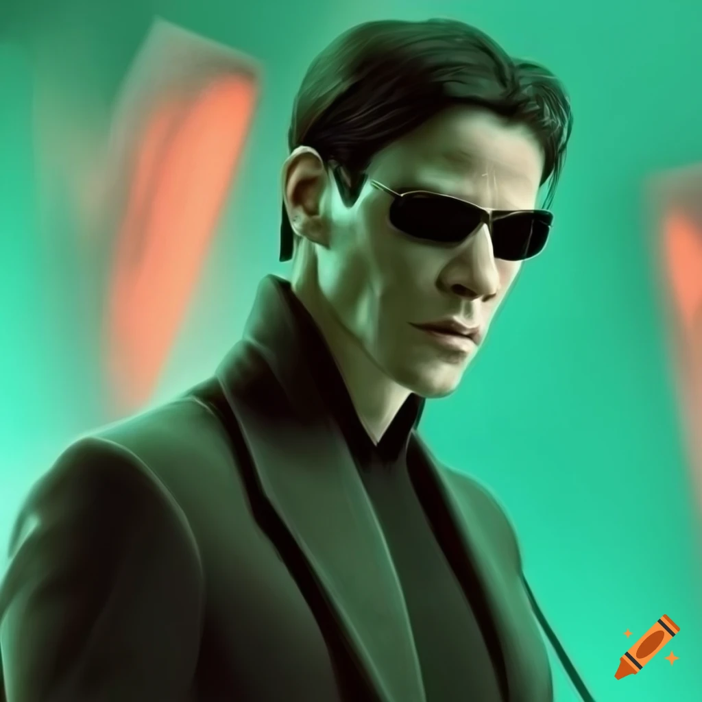 Neo from the matrix wearing sunglasses in a portrait on Craiyon
