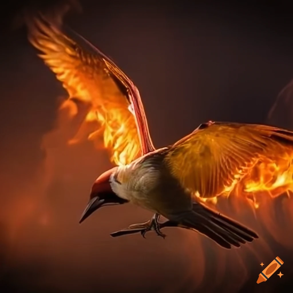 Colorful bird surrounded by flames on Craiyon