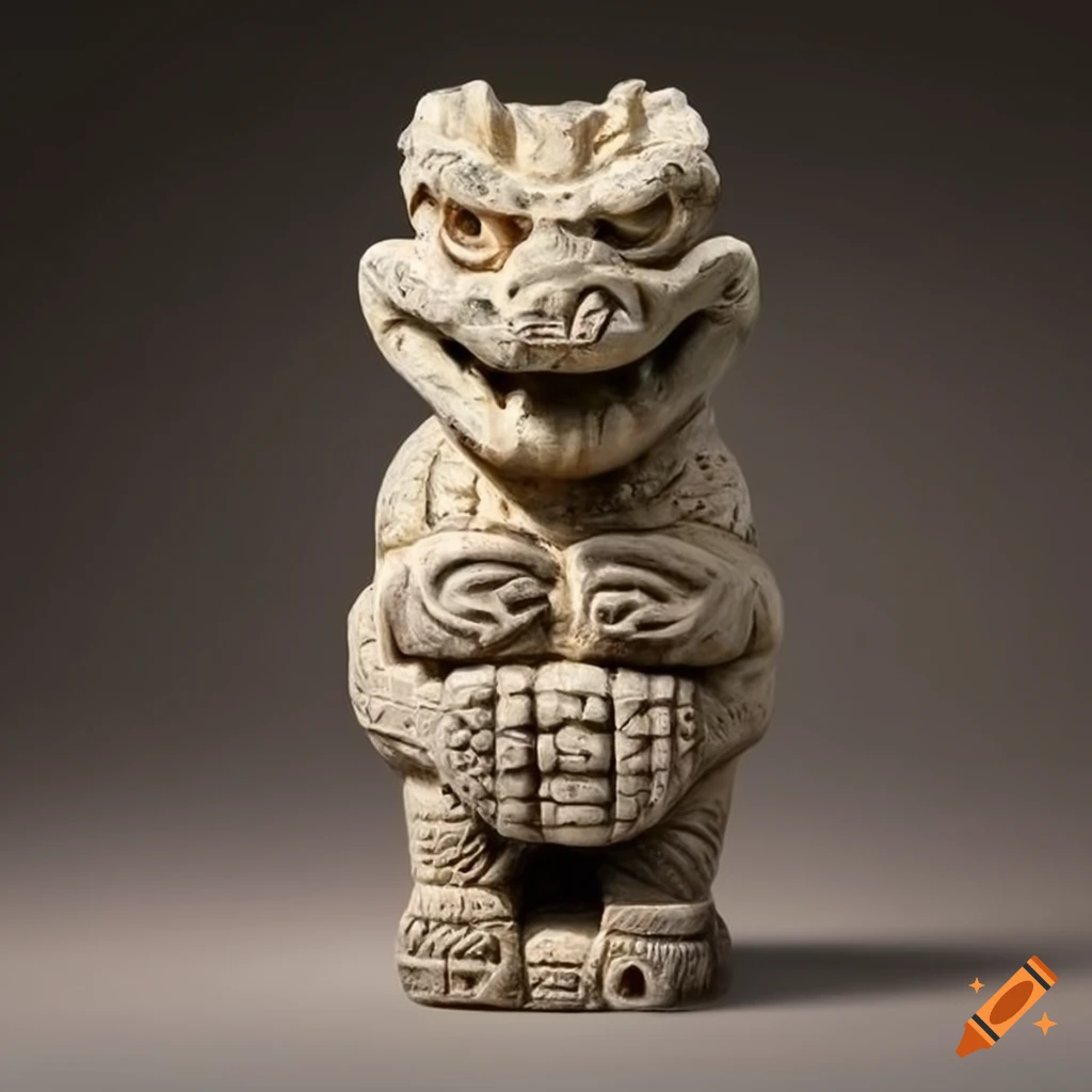 Stone carved mayan gargoyle in the shape of a crocodile on Craiyon