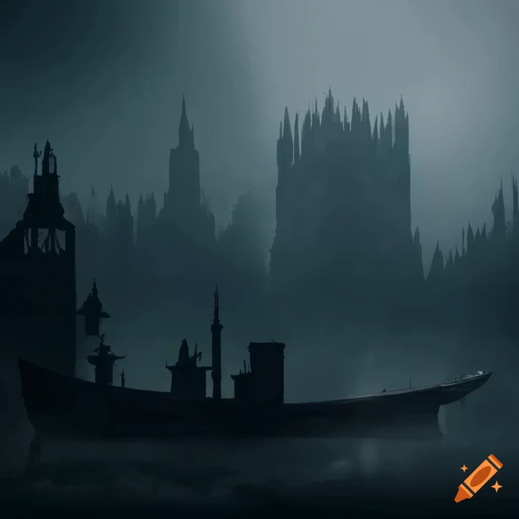 Medieval port city landscape with dark fantasy mist and shadows on Craiyon