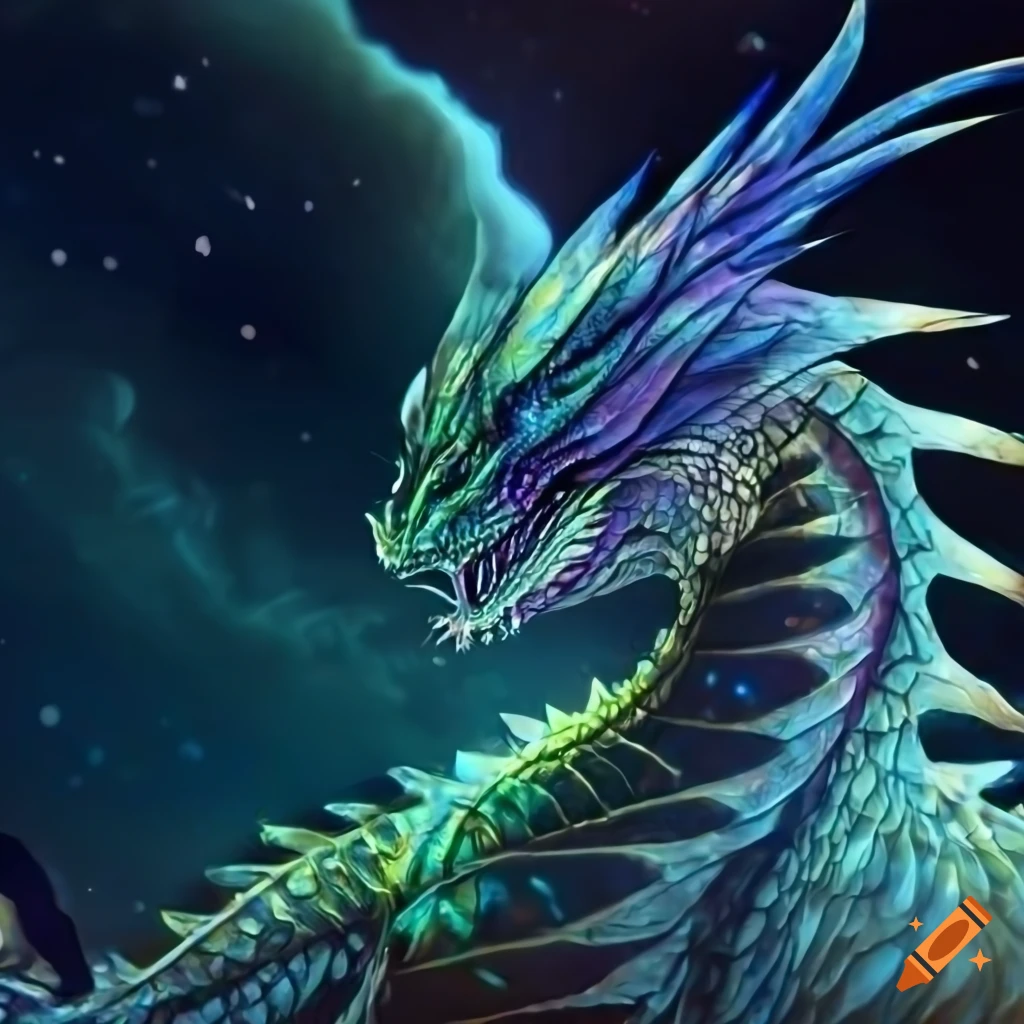 Iridescent western dragon against a night background on Craiyon
