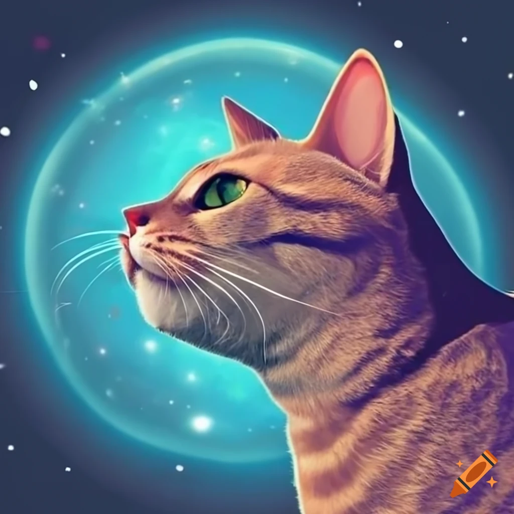 Happy and cute cat-like character in colorful space, profile view on ...
