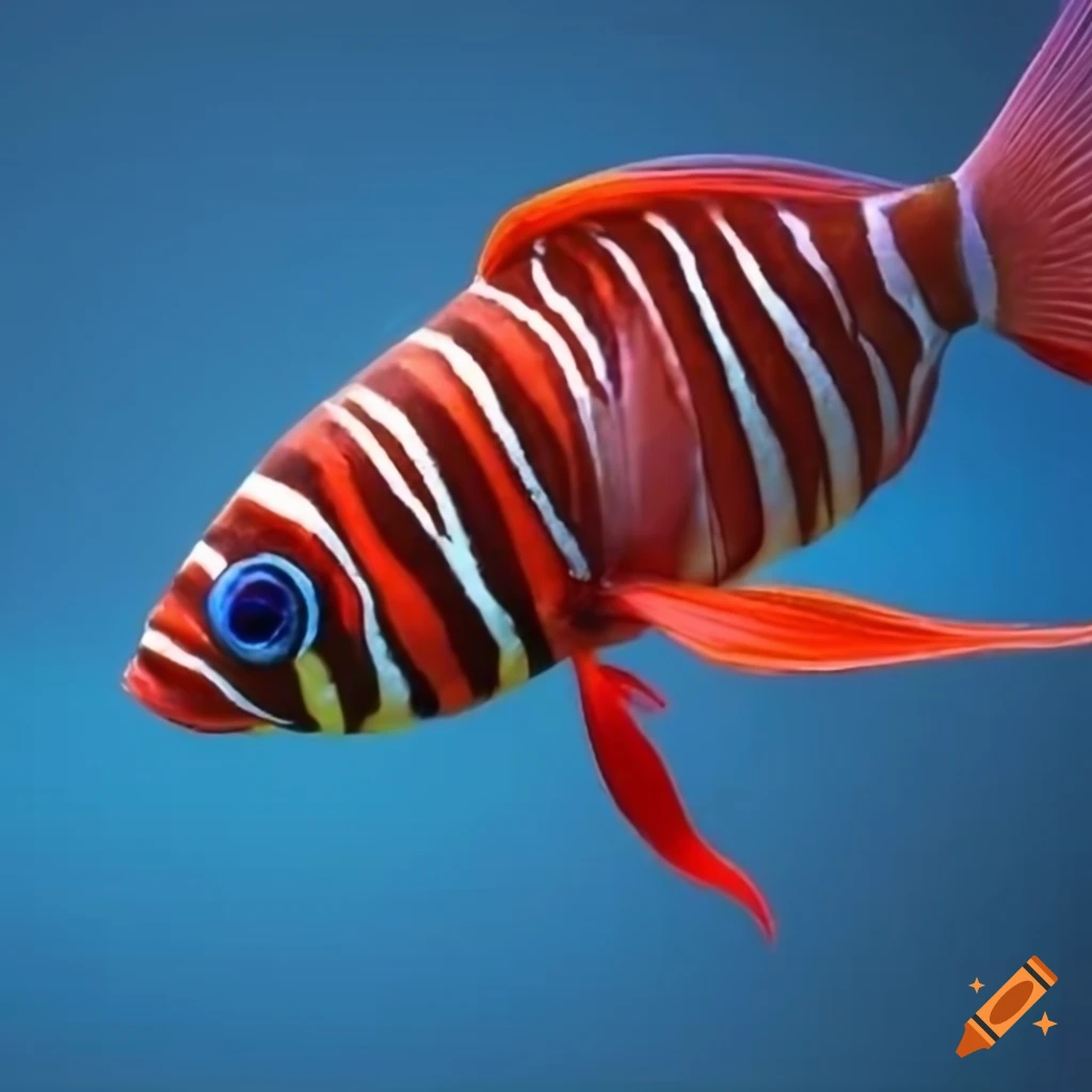 Red and blue striped fish on electric blue background on Craiyon