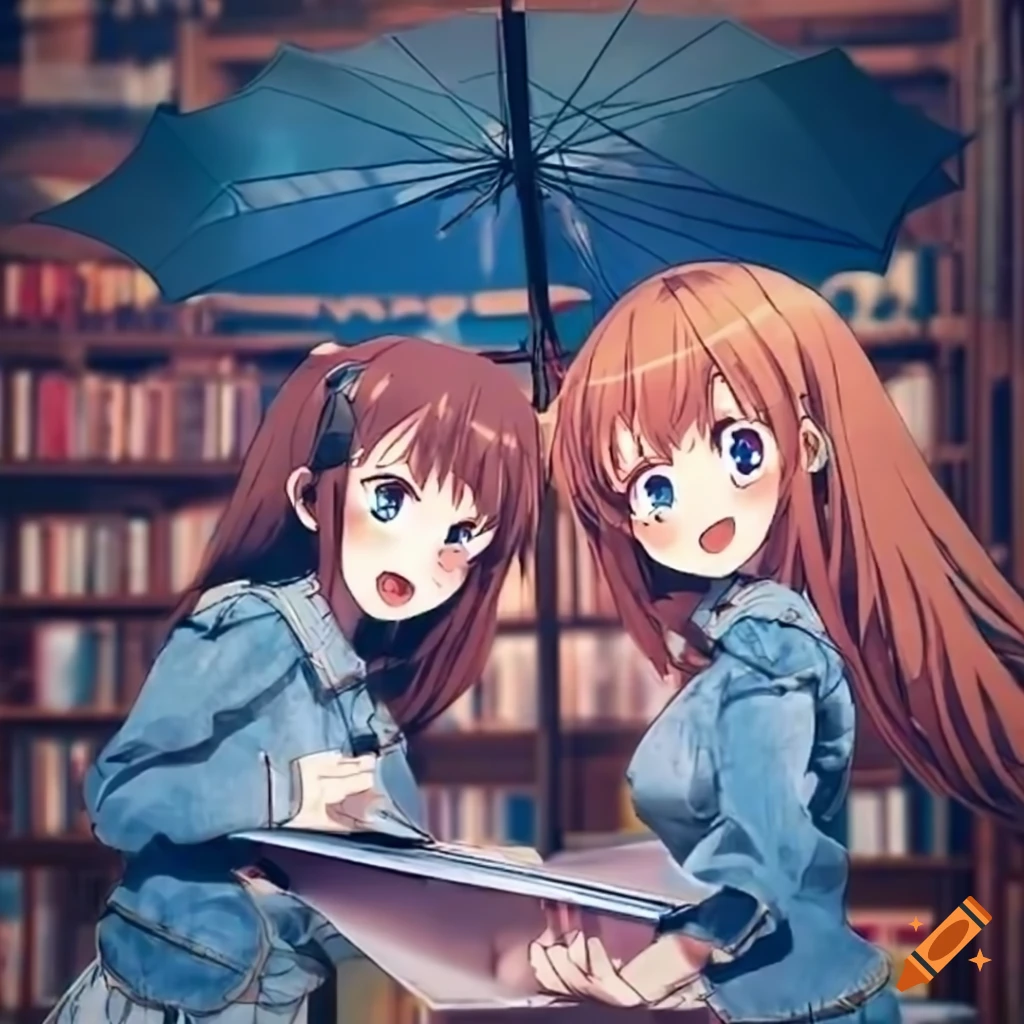 Cheerful anime girls learning scientific secrets in a lively book ...
