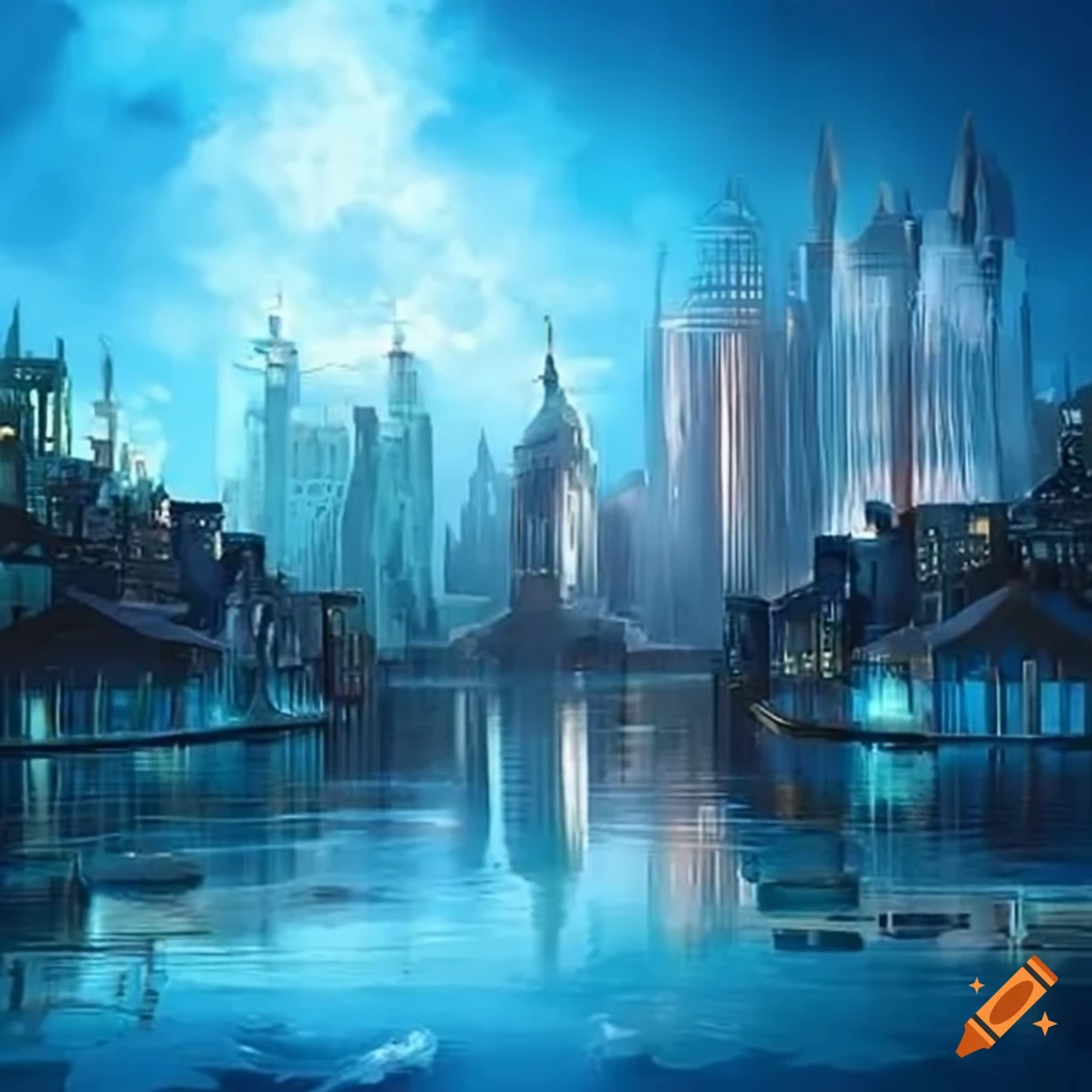 City reflecting on water on Craiyon