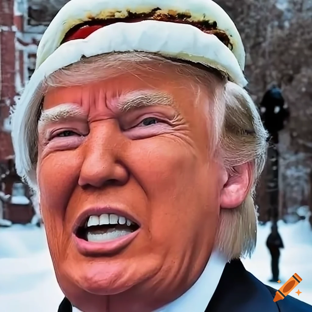 Satirical depiction of trump with a hamburger bun hat in moscow with ...