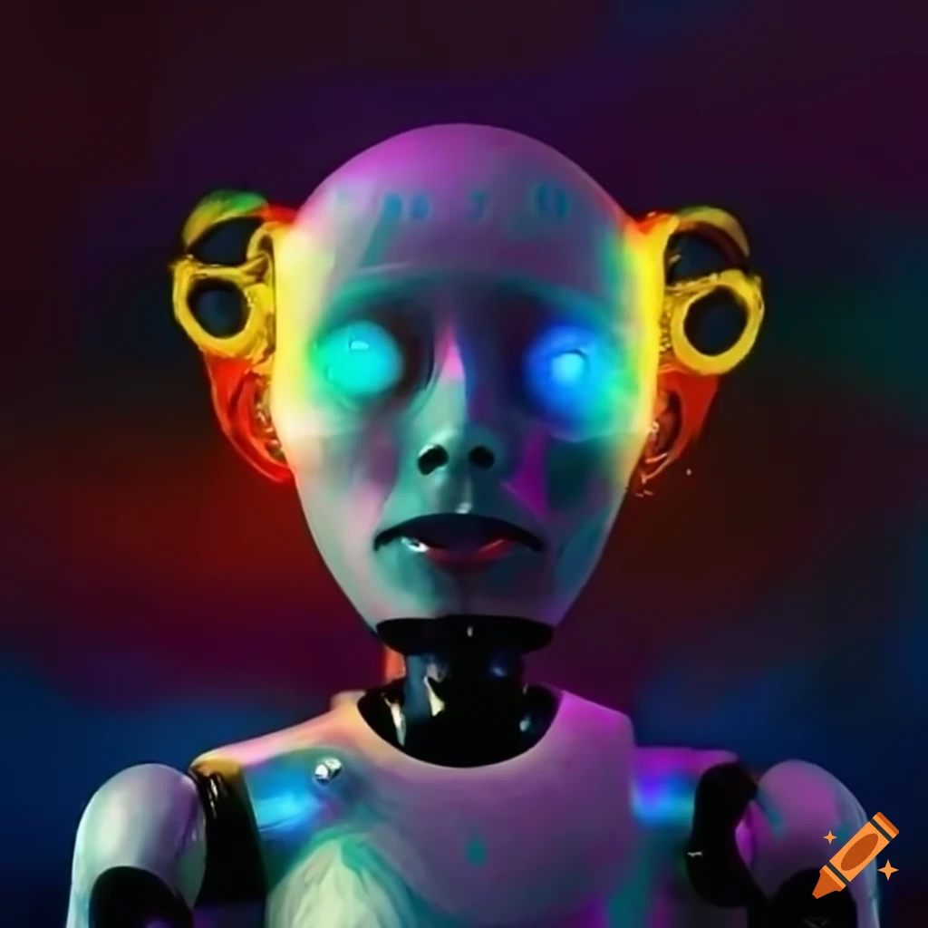 Robot experiencing empathy and understanding emotions in a psychedelic ...