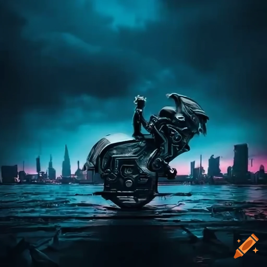 Futuristic rider on a high-tech steed in a dystopian cityscape on Craiyon