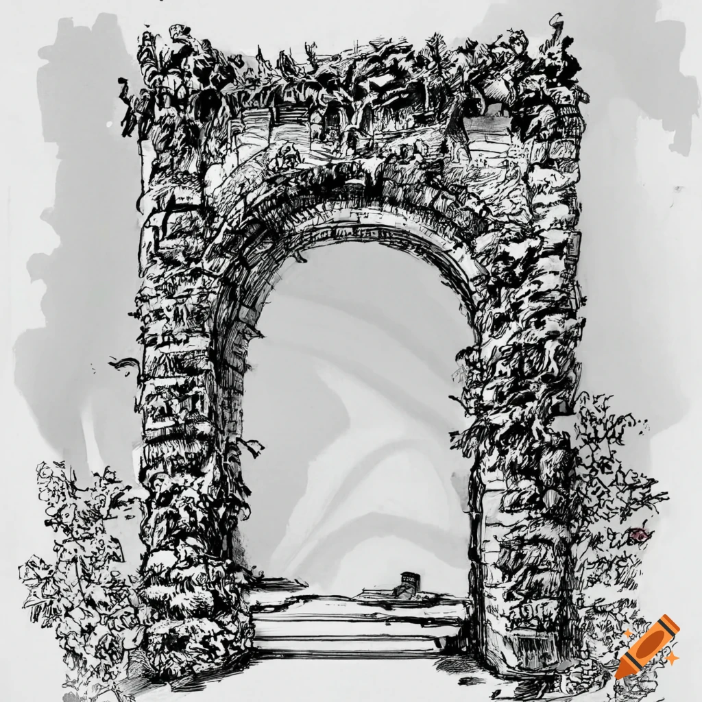 Black and white ink drawing of an ivy-covered archway on Craiyon