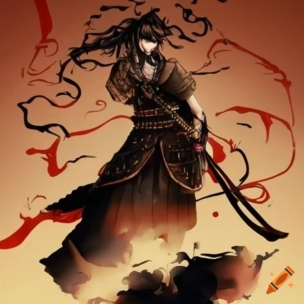 Pale beige samurai surrounded by black ink ribbons in fantasy anime art ...