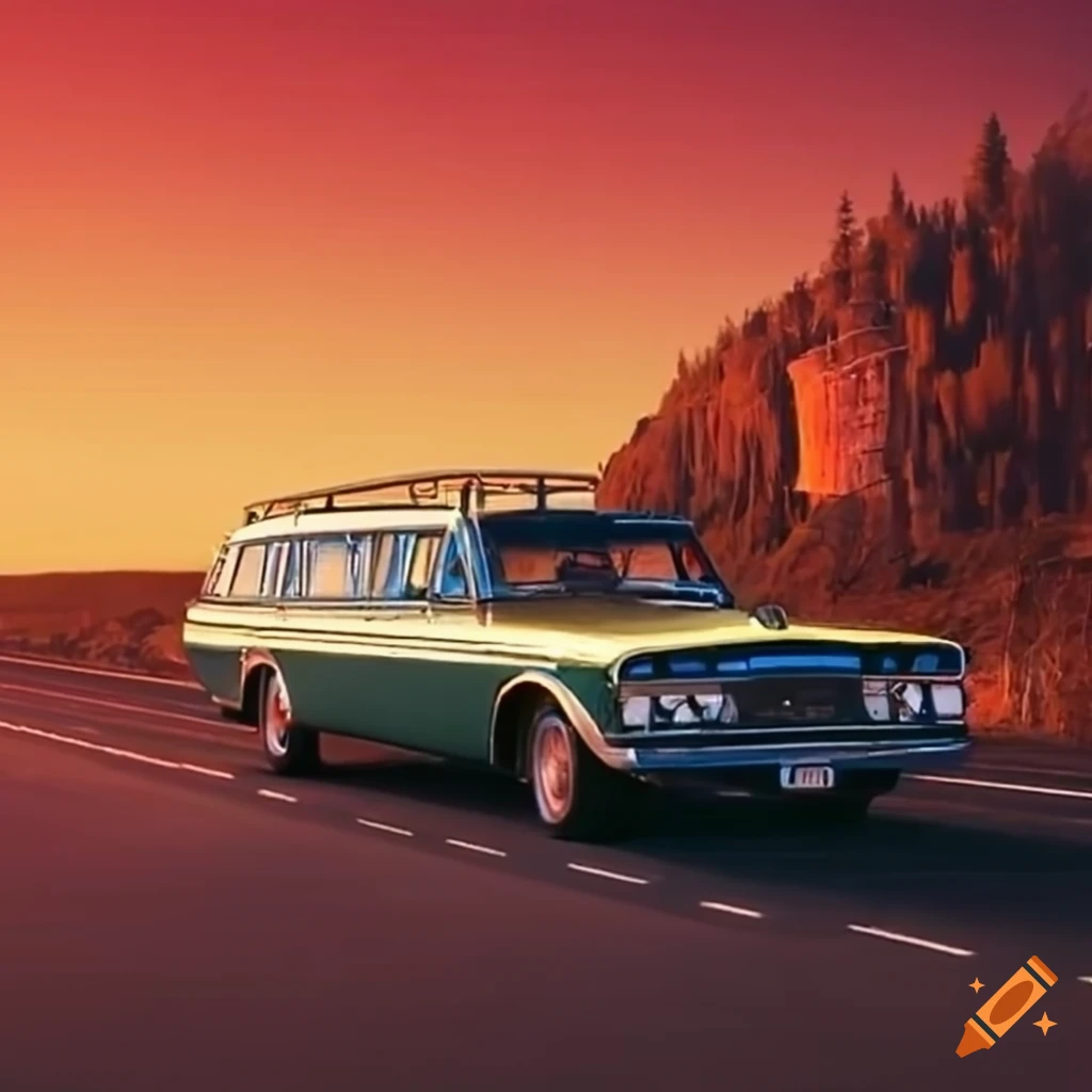 Scenic road trip with station wagon in the evening light on Craiyon