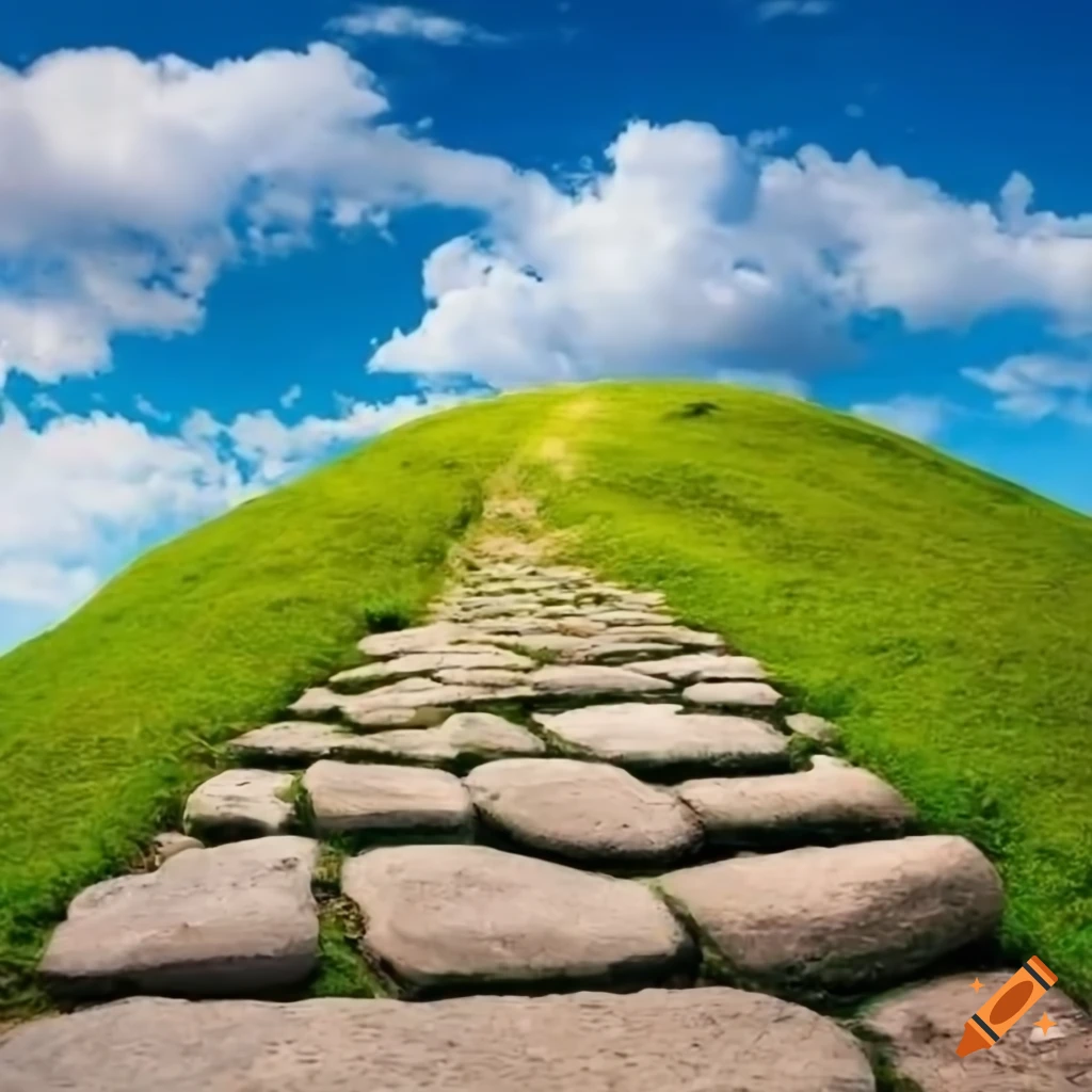 Stone path leading up a hill overlooking blue sky with white clouds on ...