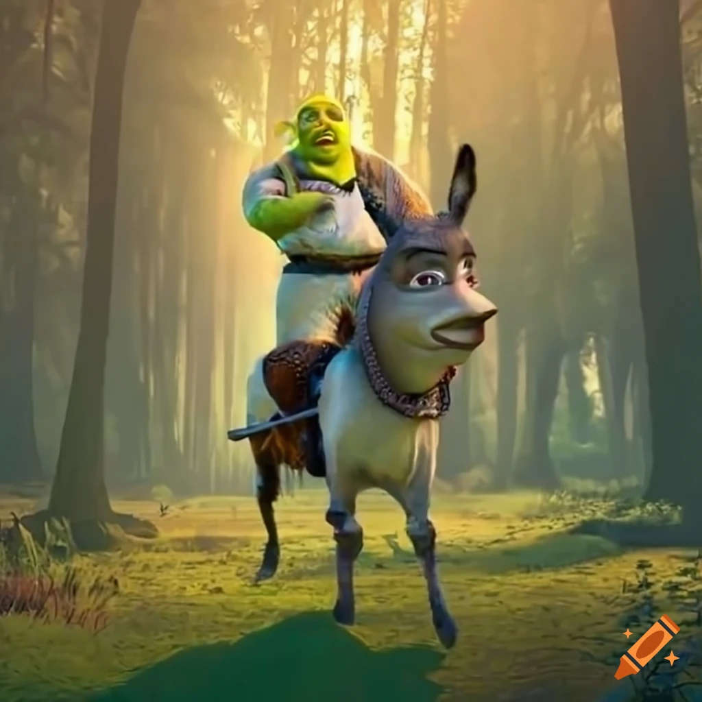 Shrek in knight armor riding on his donkey in a forest on Craiyon