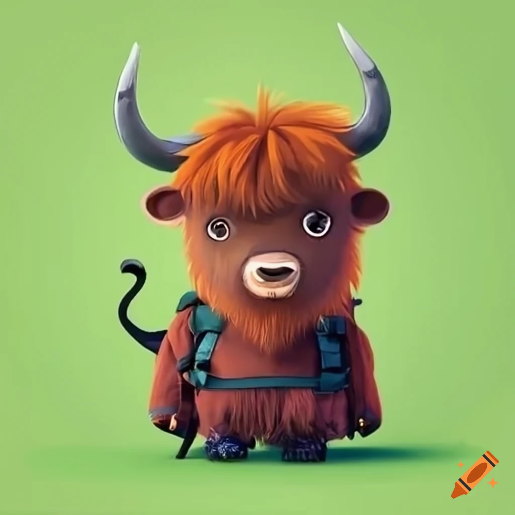 Animated yak wearing a backpack hiking on Craiyon
