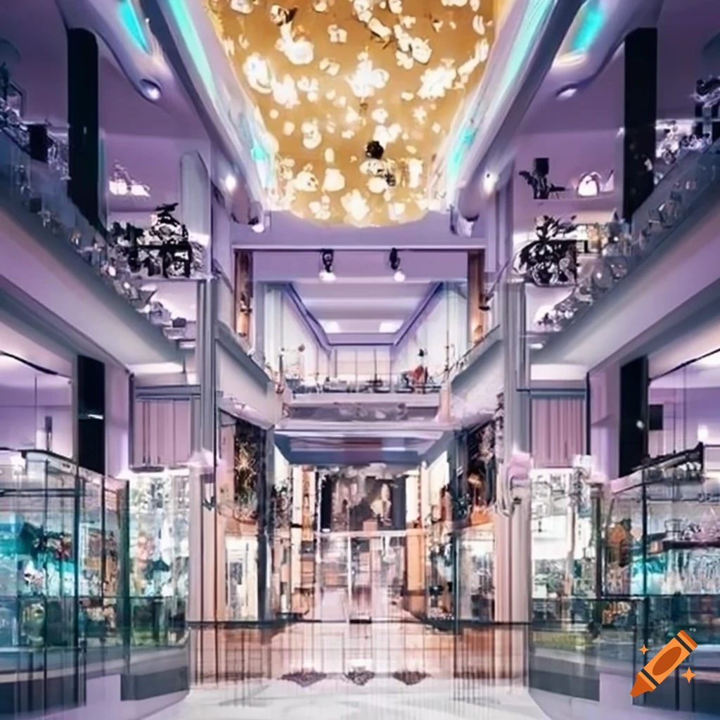 Interior of 5-story mall shop with crystal decorations on Craiyon