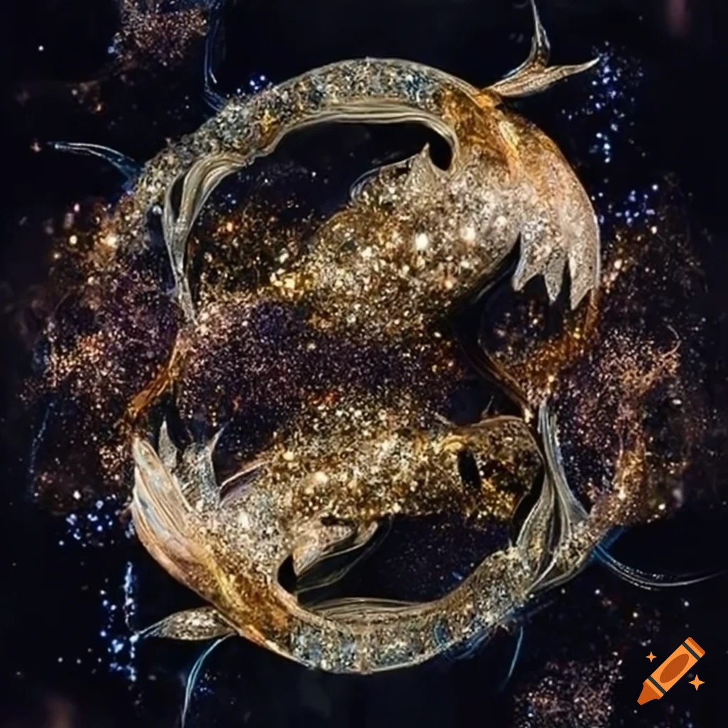 Magical celestial fish made of diamonds with a glittering gold aura on ...