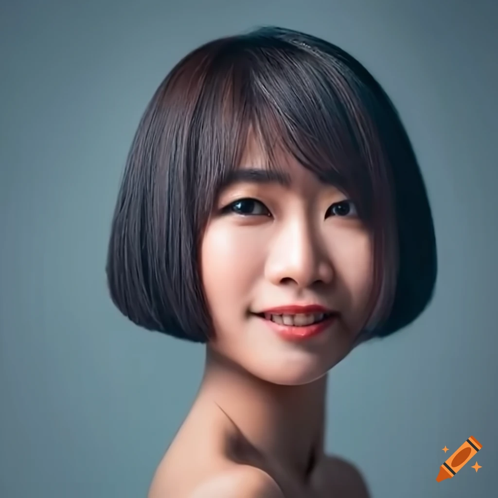 Smiling asian woman with a bob haircut on Craiyon