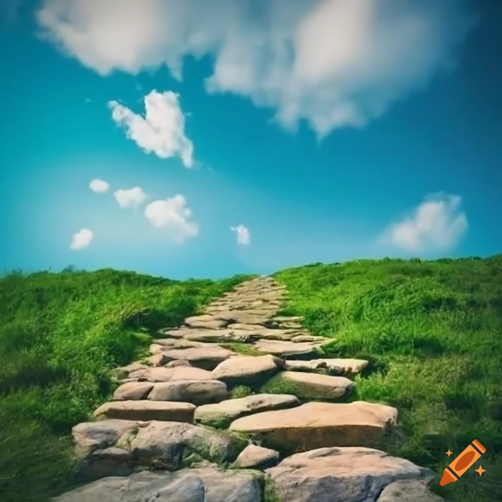 Stone path leading up a hill overlooking a blue sky with white clouds ...