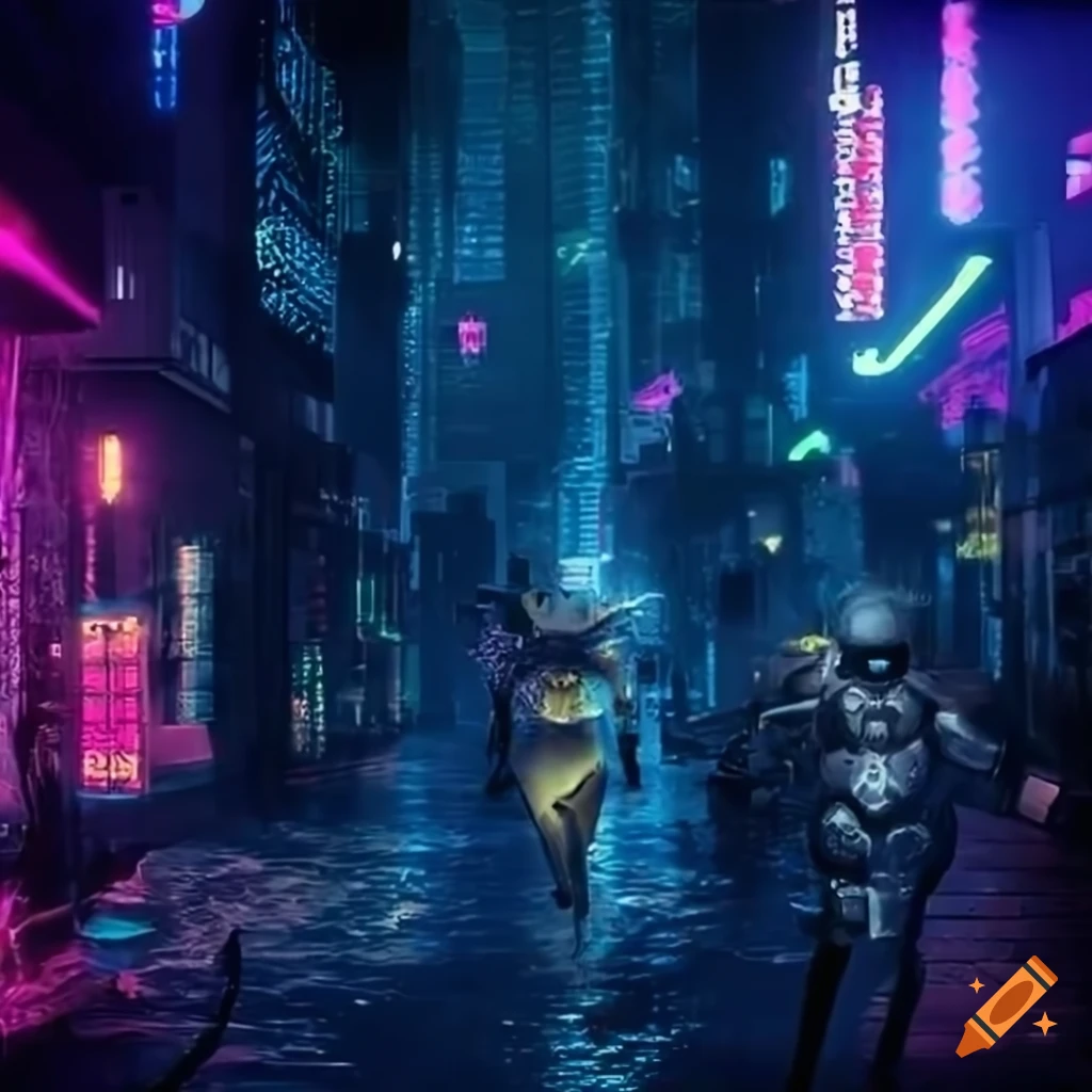 Cityscape with biopunk and cyberpunk elements, featuring neon-lit ...