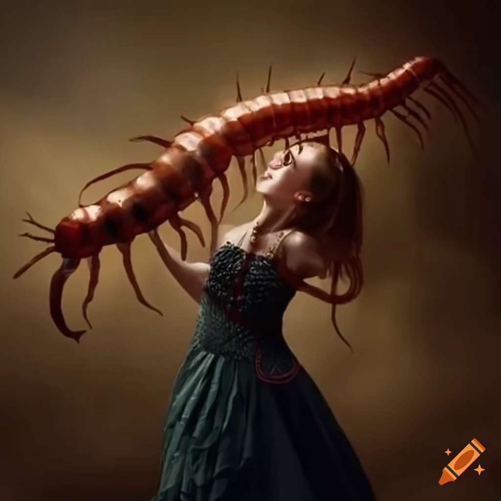 Young woman in empire dress battling a giant centipede on Craiyon