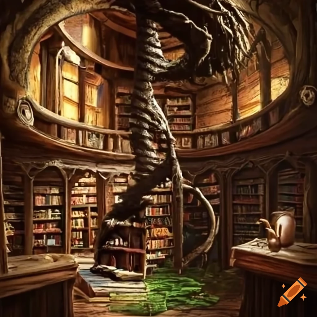 Wizard library with books, plants, and a cat in a magical setting on ...