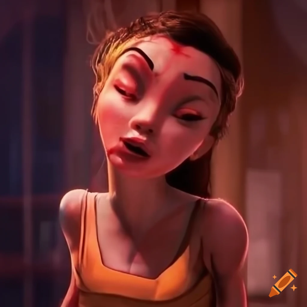 Woman martial arts fighter with bruised and bloodied face in a disney ...