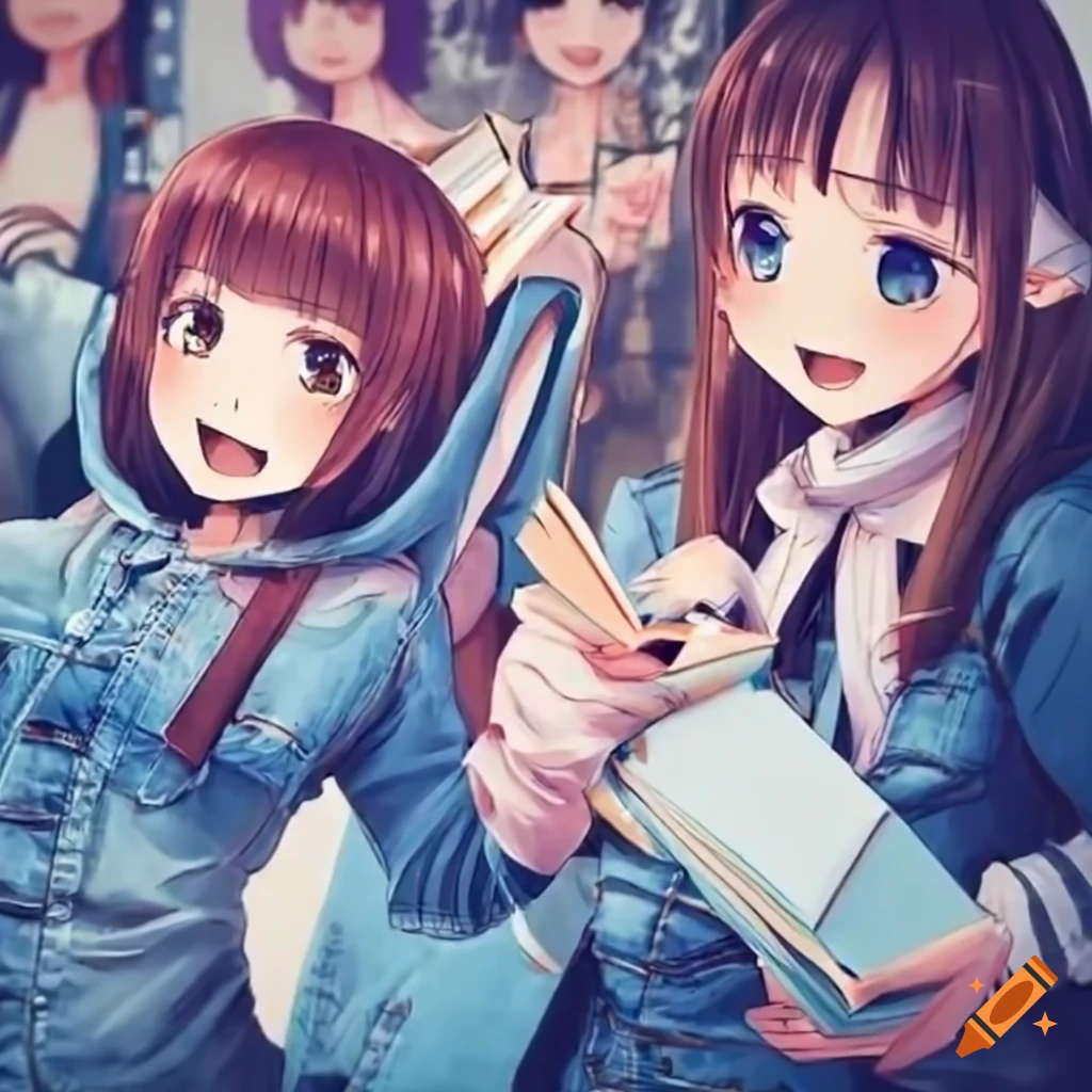 Cheerful anime girls studying with books in a crowded book market on ...