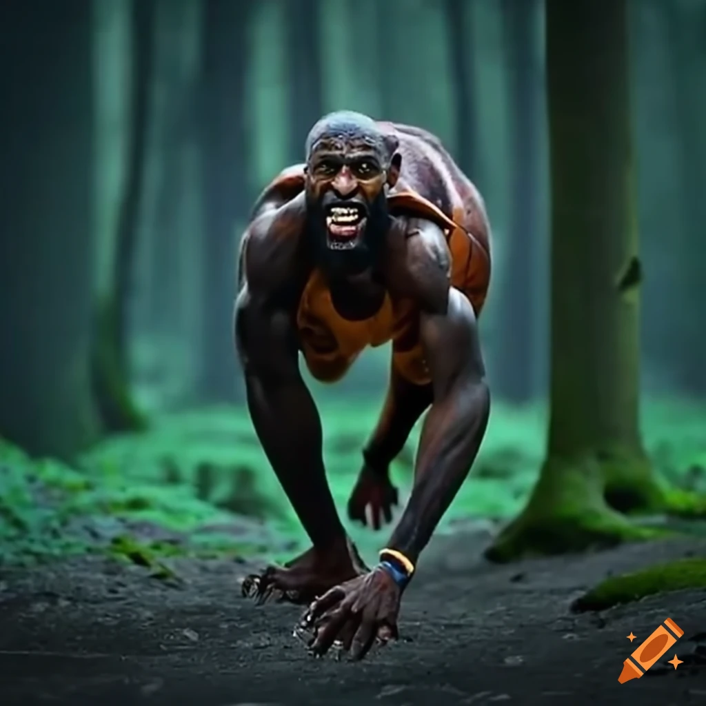 Lebron james running from a monster in a forest on Craiyon
