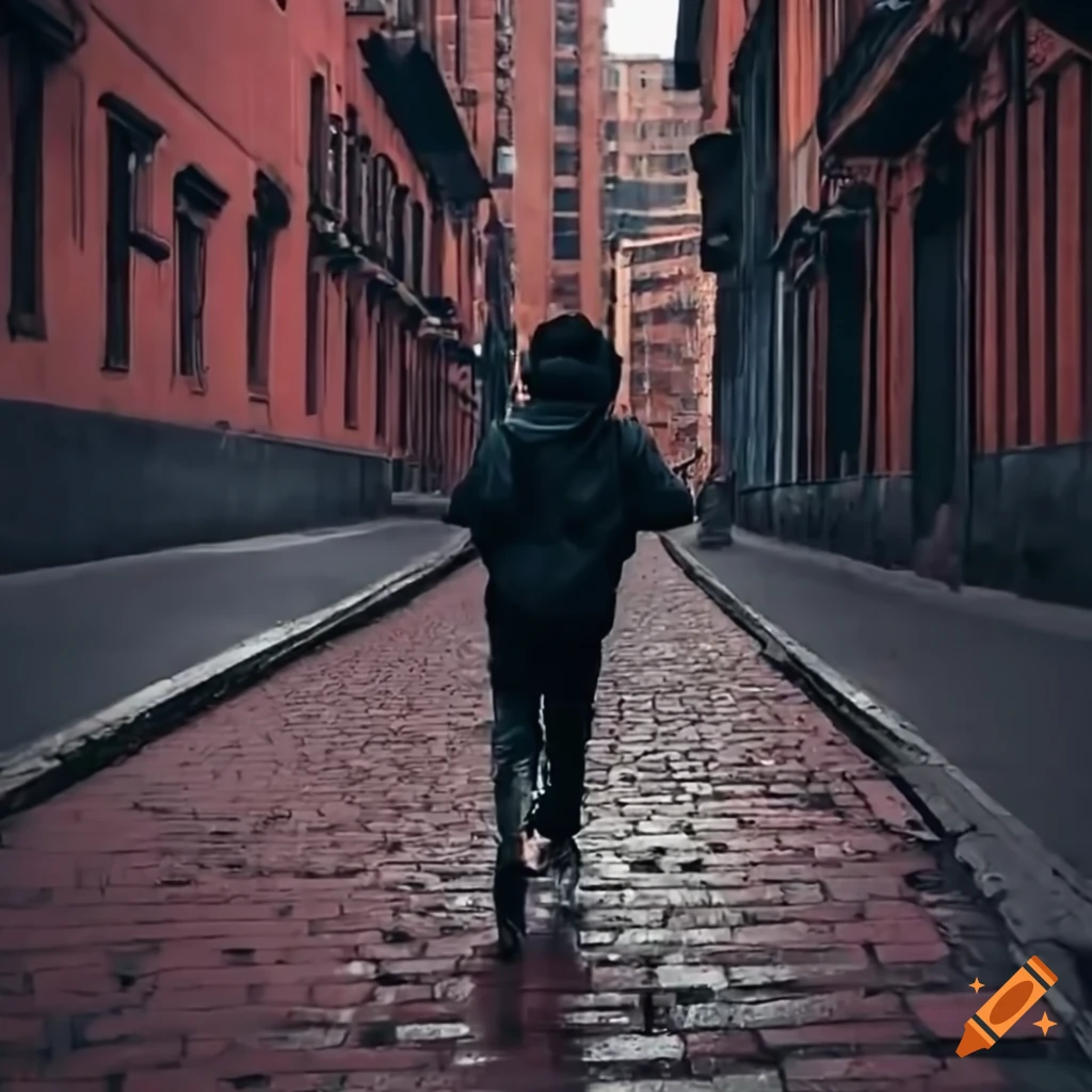 Curly man walking backwards on a street in bogota on Craiyon