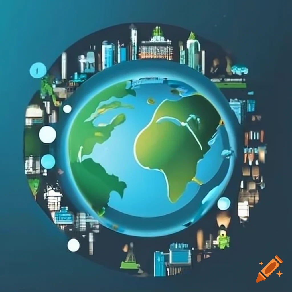 Abstract water network with icons of cities, agriculture, and ...