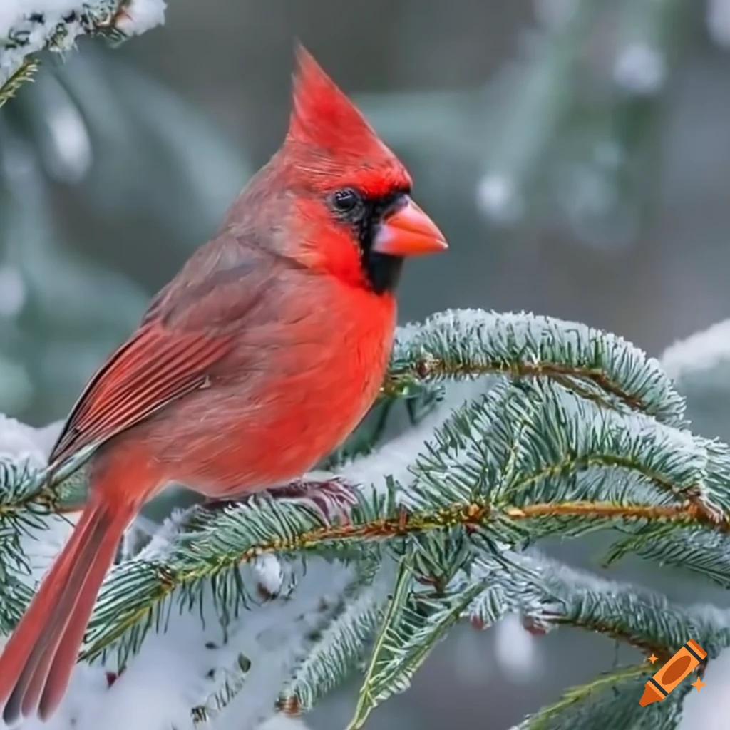 Male cardinal in an evergreen tree during winter on Craiyon