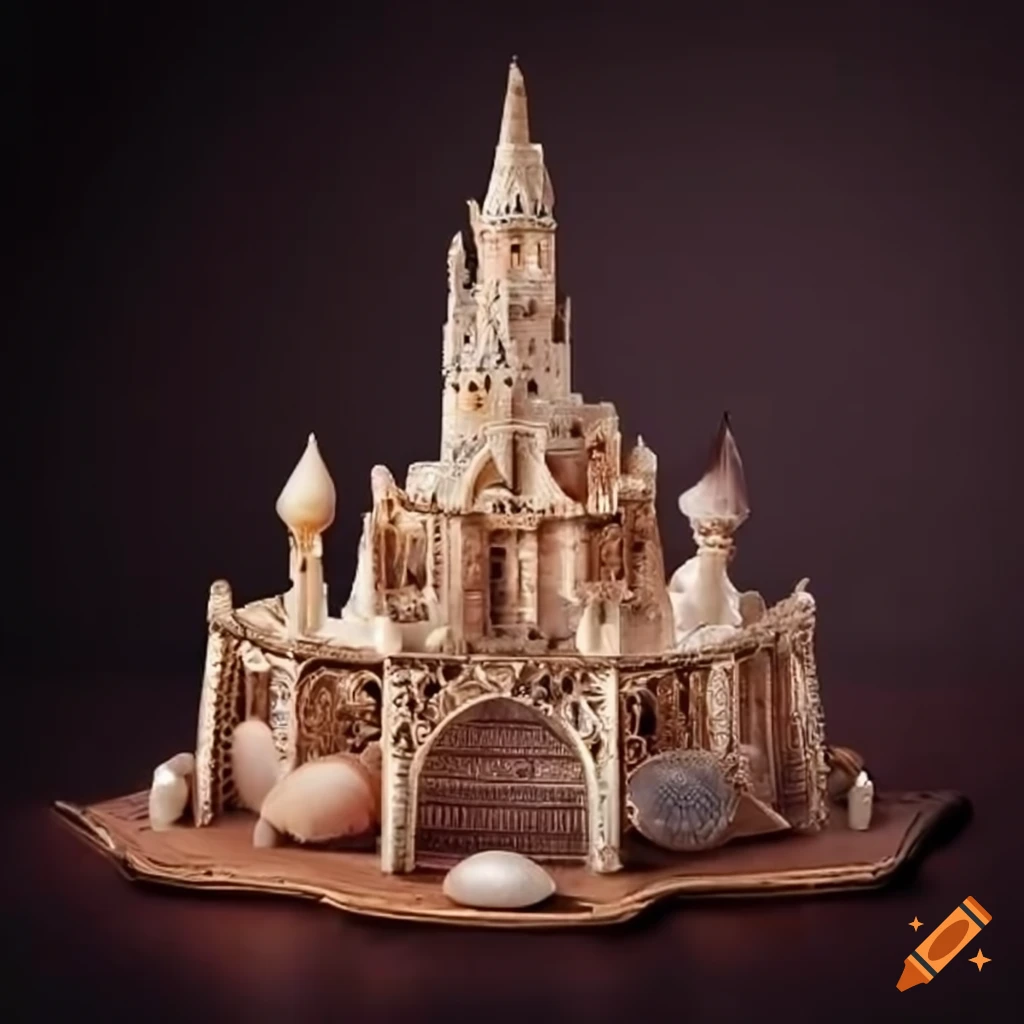Castle made of jewelry boxes, pearl necklaces, and seashells on Craiyon