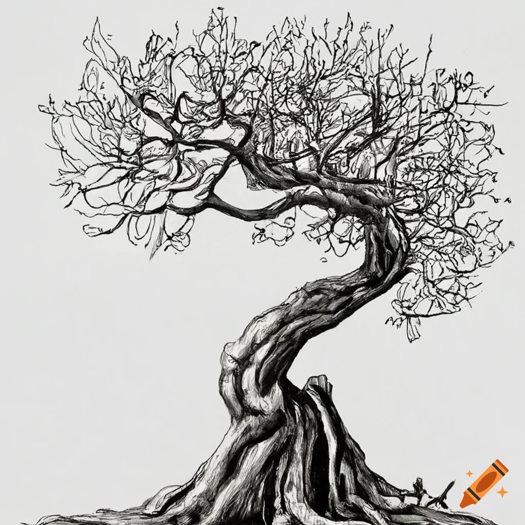 Twisted olive tree ink drawing reaching high into the light on Craiyon
