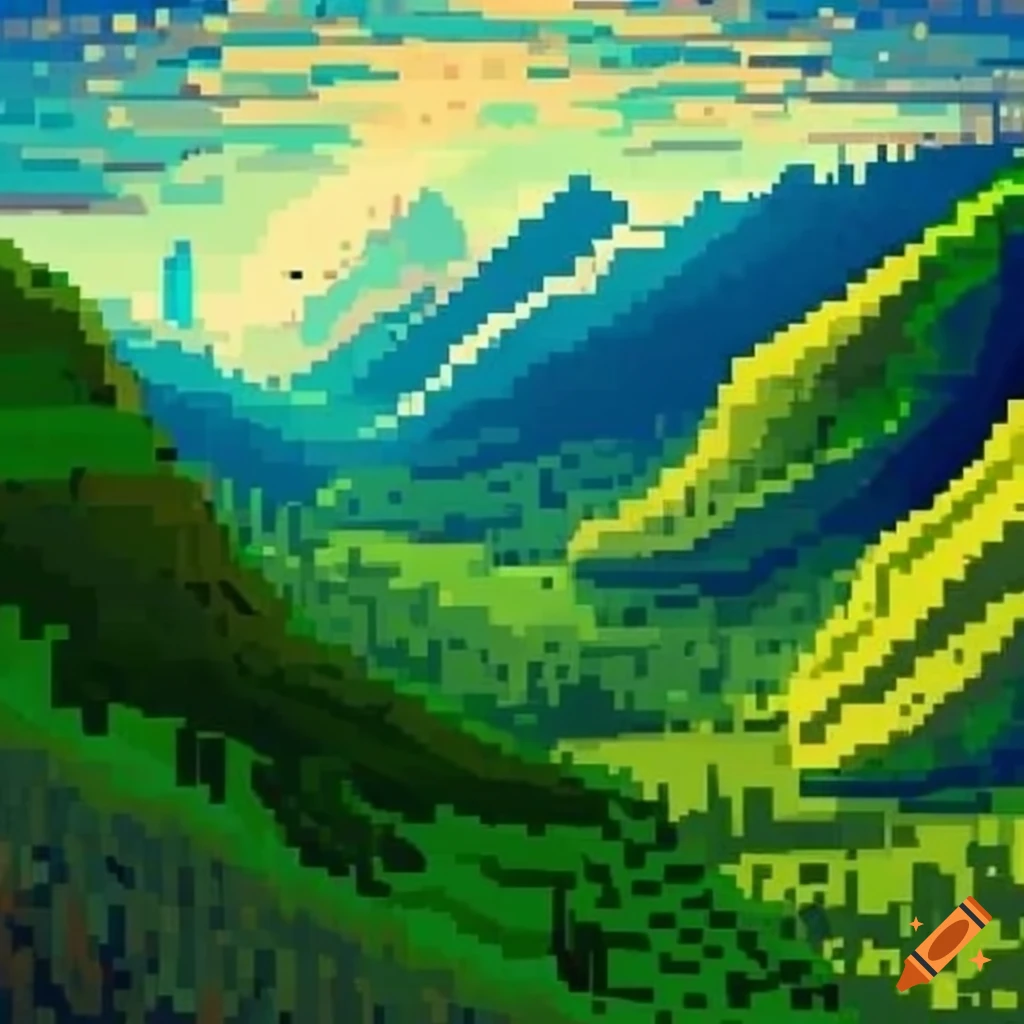 View of rolling hills and a serene river in vibrant pixel art on Craiyon