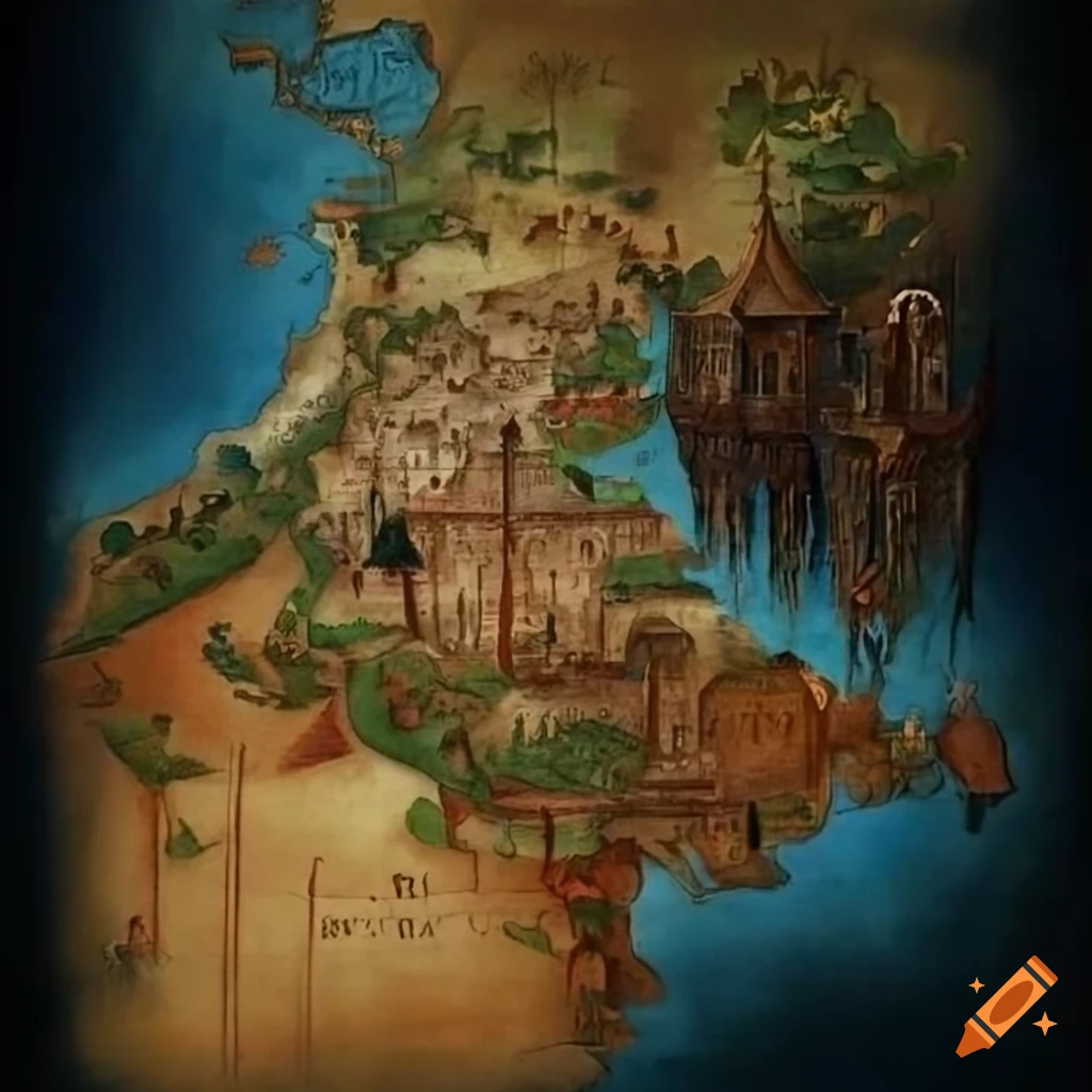 Map of a mystical medieval world with labeled landmarks on Craiyon