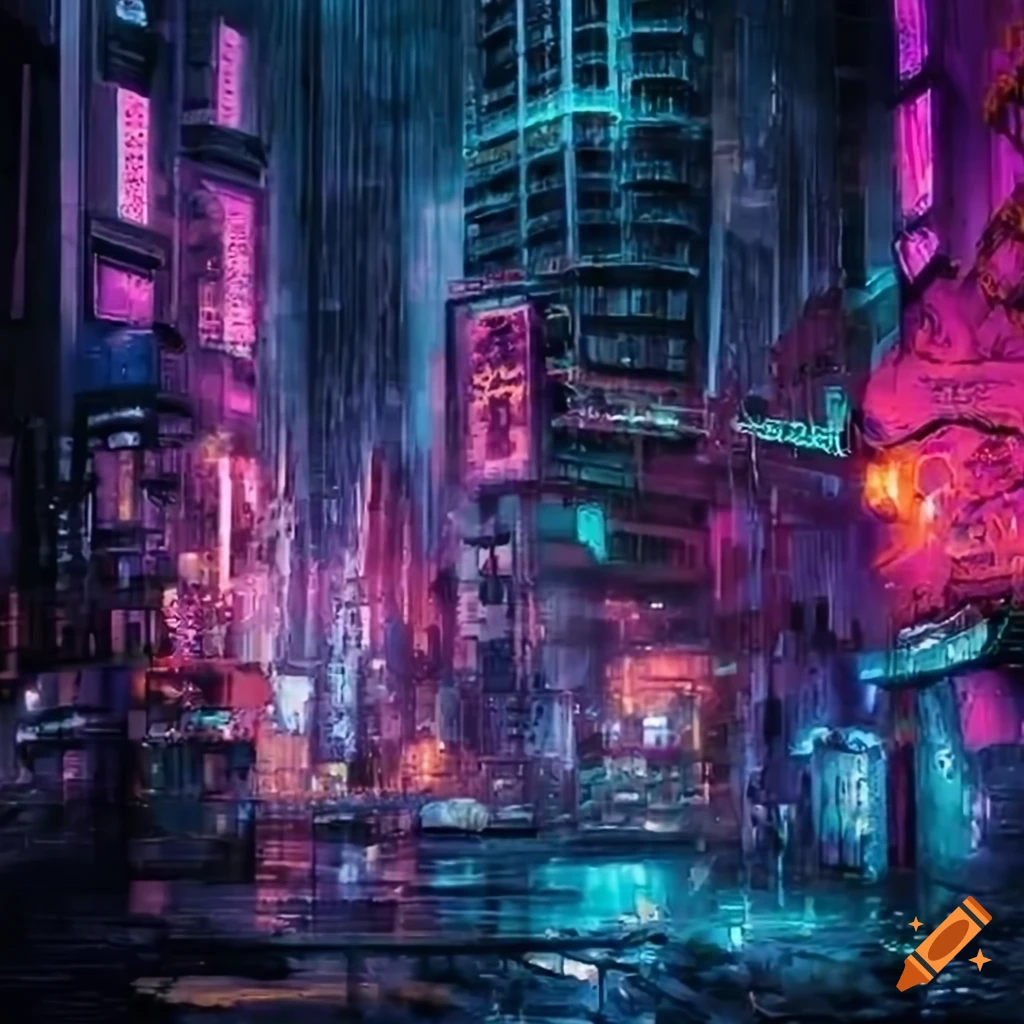 Cityscape with biopunk and cyberpunk elements, featuring neon-lit ...