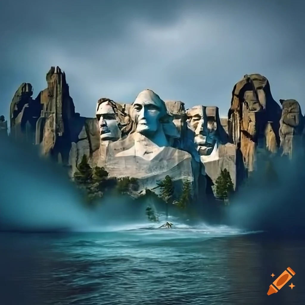 Mount Rushmore sinking in stormy waters during a hurricane in a post ...
